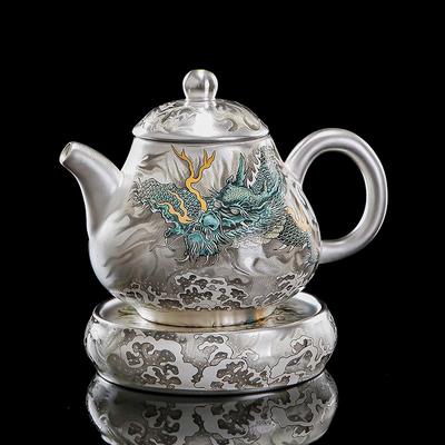 纯手工鎏银茶壶茶具青龙梨形功夫鎏银上作画茶壶承送长辈领导礼品