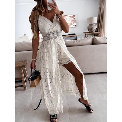 Summer V Neck Solid Color Lace Hollow-Out Sleeveless Sling P