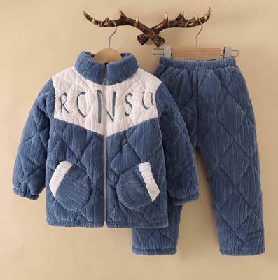 冬季儿童三层夹棉珊瑚绒睡衣男童男孩加绒加厚女孩家居服超厚套装