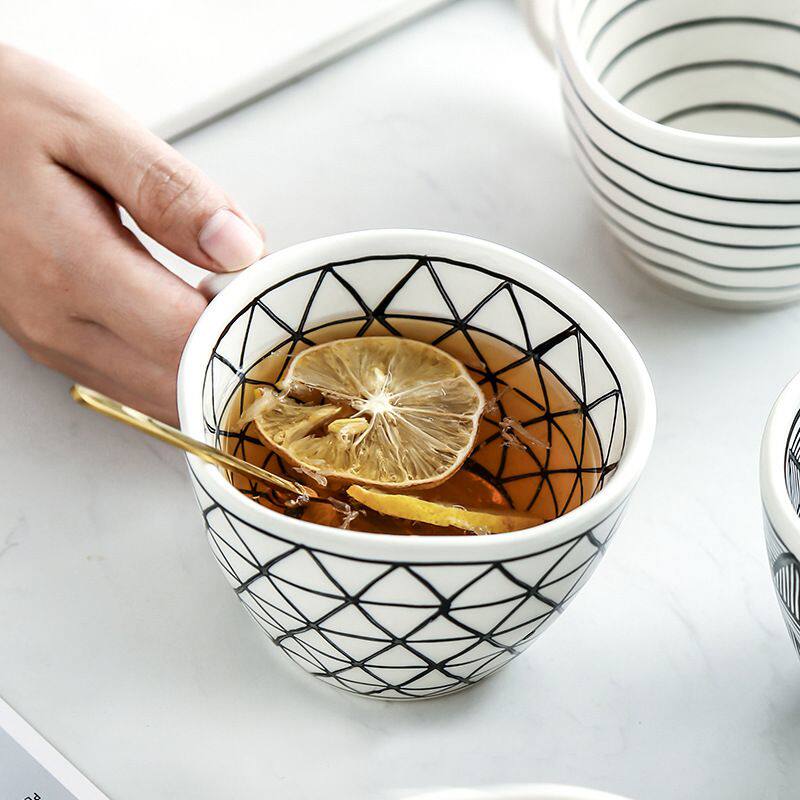 陶瓷手绘几何美式咖啡杯杯子牛奶杯款尾货马克杯创意北欧蓝竖纹