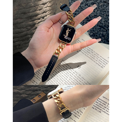 高级不锈钢链条拼真皮女款适用iwatch10苹果表带applewatch9876se