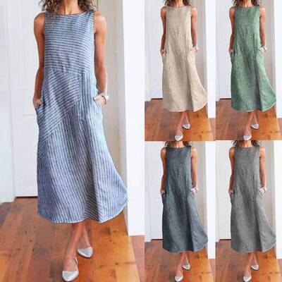 Cotton linen dress速卖通跨境简约条纹棉麻宽松连衣裙无袖A字裙