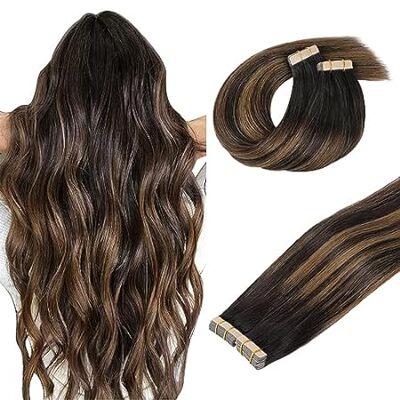 DOORES Human Hair Extensions Tape in， Balayage Dark Brown