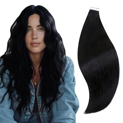 RUNATURE Tape in Hair Extensions Human Hair 16 Inches Bla