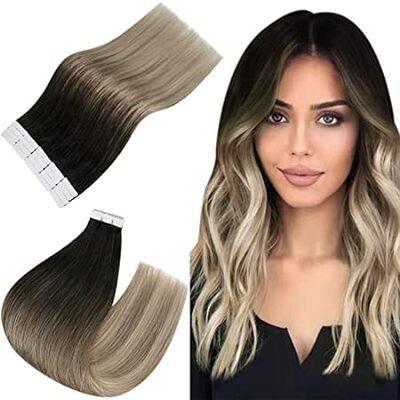 Tape in Hair Extensions Human Hair Balayage Black Fading