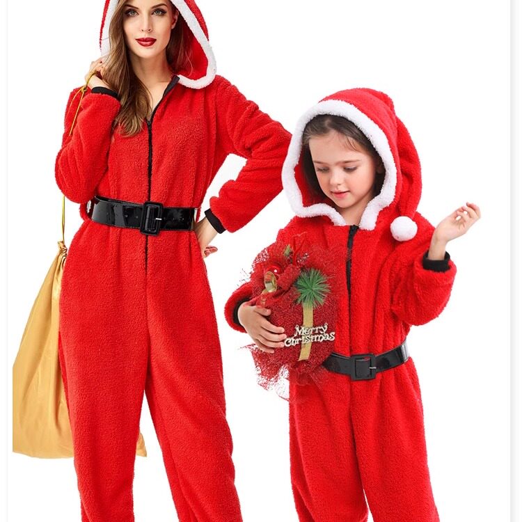 圣诞节服装女士红色连帽连体裤可爱家居服睡衣珊瑚绒连体衣亲子装