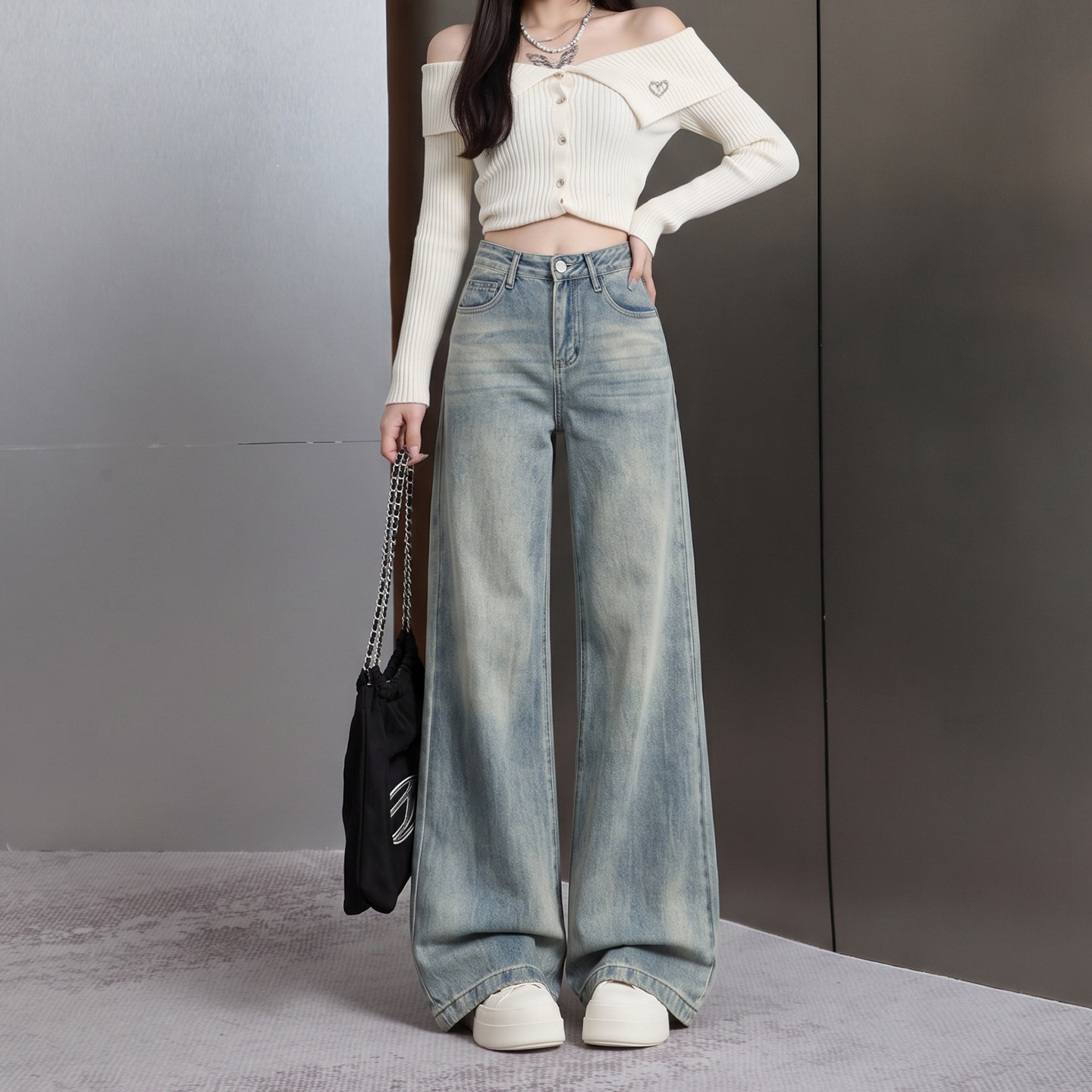 拉夏贝尔复古做旧阔腿牛仔裤女2026年秋季新款高腰显瘦宽松拖地裤