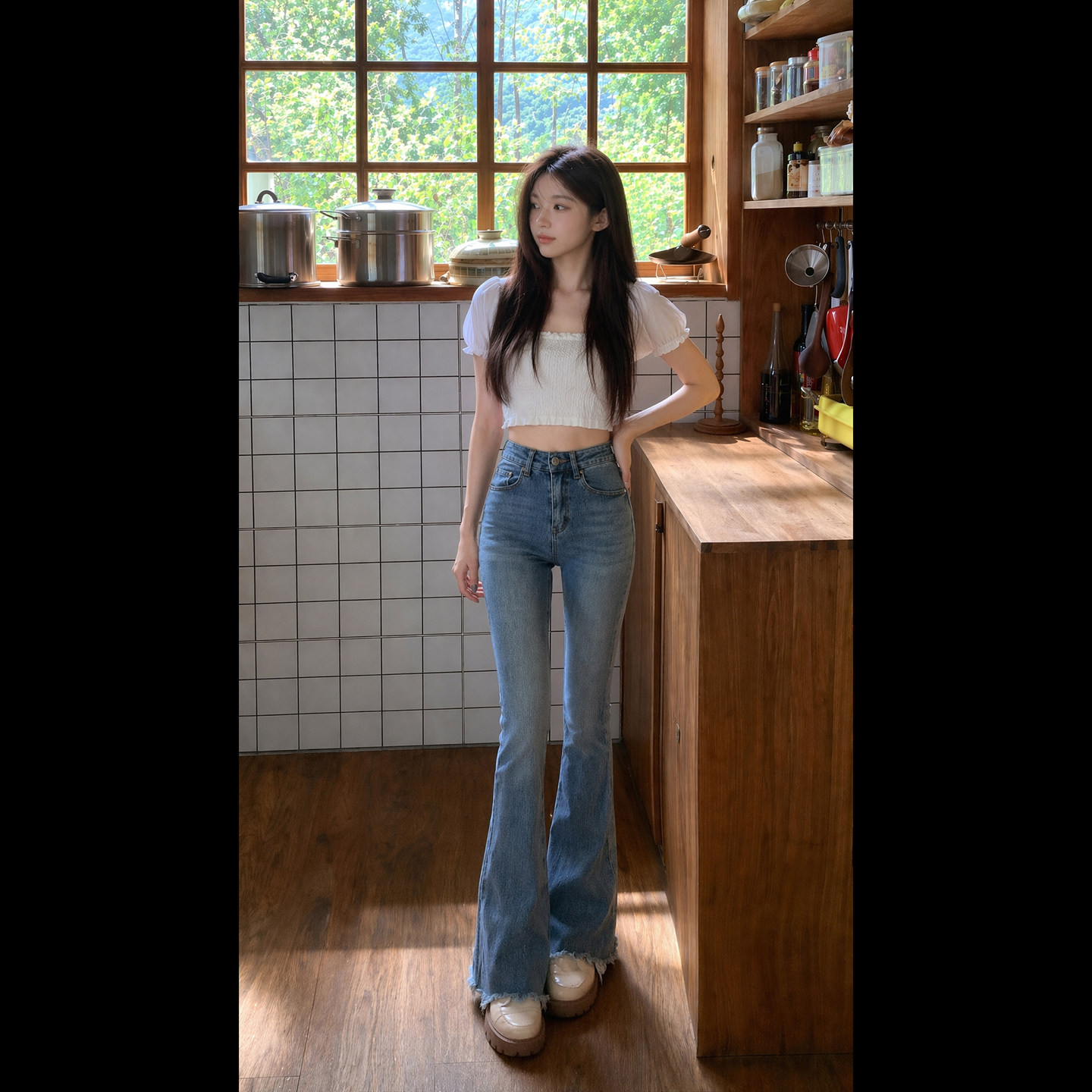 拉夏贝尔复古做旧微喇牛仔裤女2026新款高腰修身显瘦拖地喇叭裤子