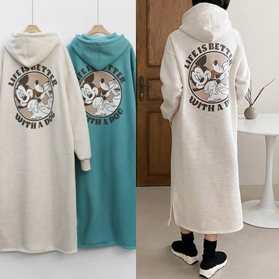 2023秋冬新款大码女装加绒加厚卫衣连帽连衣裙女宽松长款过膝韩版