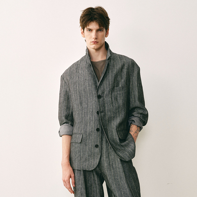 「春夏新品」SageSalt 深灰条纹亚麻西装 领口多造型 6040GY