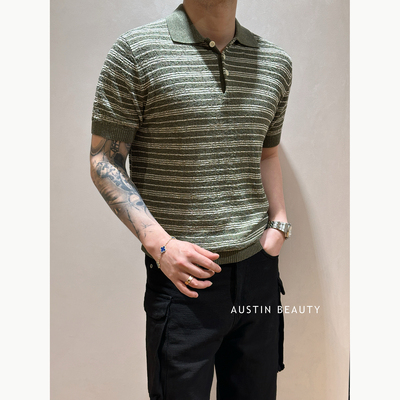 AUSTINBEAUTY【线条集】男士感撞色横条休闲针织短袖肌理POLO衫夏