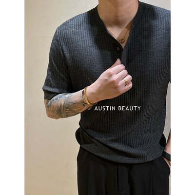 AUSTINBEAUTY【静奢新贵】100%绵羊毛针织亨利领短袖百搭