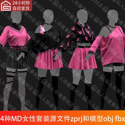 Marvelous Designer clo3d女性内套上衣丝袜百褶裙套装MD源文件
