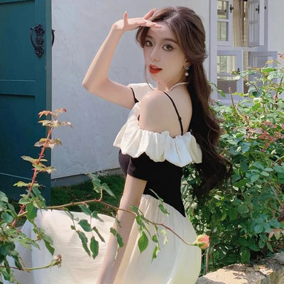 甜美一字肩短袖连衣裙女夏季法式名媛气质温柔风收腰仙女中长裙子
