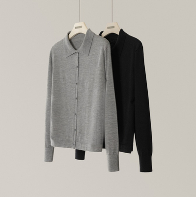 精纺假两件开衫--16针精纺--约265g精选MORO宽松圆领100%纯山羊绒