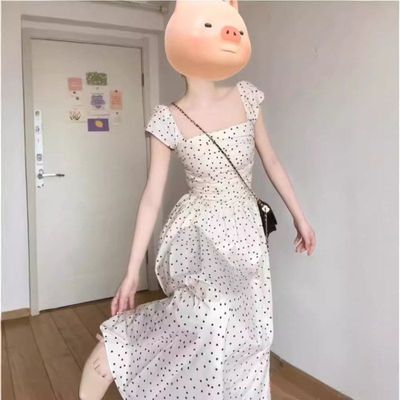 小飞袖方领波点吊带连衣裙子女夏季2024新款法式小众收腰气质长裙