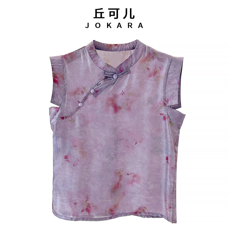 Jokara/丘可儿【烟绮罗】新中式印花斜襟百搭气质女士T恤夏