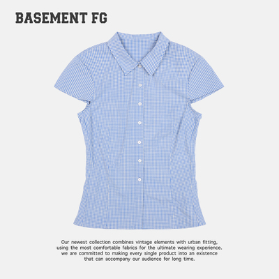 BASEMENTFG学院风蓝白格纹女翻领短袖衬衫262070009074