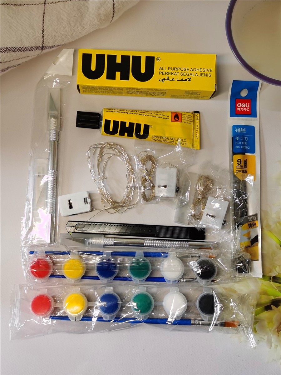 UHU强力胶水diy手工制作模型材料包美工刀雕刻刀LED灯带丙烯颜料_虎窝淘