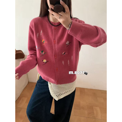 秋季甜美开衫时尚设计重工刺绣圆领针织衫宽松减龄外套叠穿ZBR