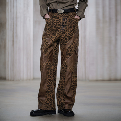 豹纹工装直筒裤设计师明星同款