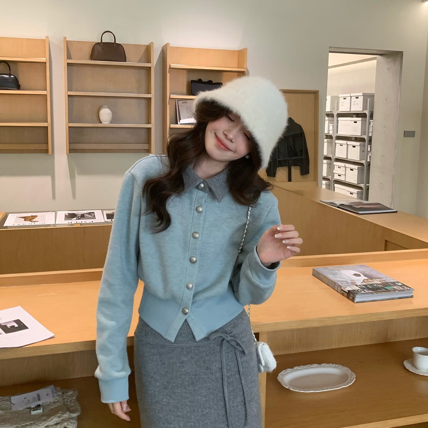 Even一雯江南美人韩系高智感撞色假两件针织上衣长短半裙套装