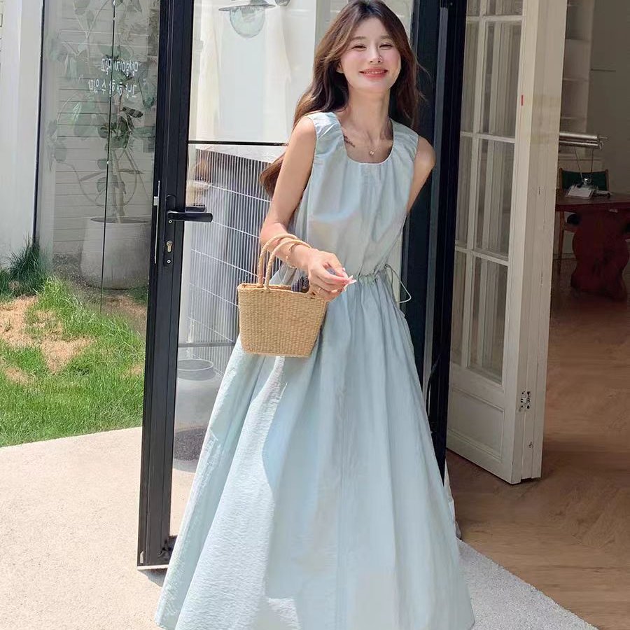 气质抽绳无袖简约新背心裙女夏季高级收腰设计遮肉显瘦a字连衣裙