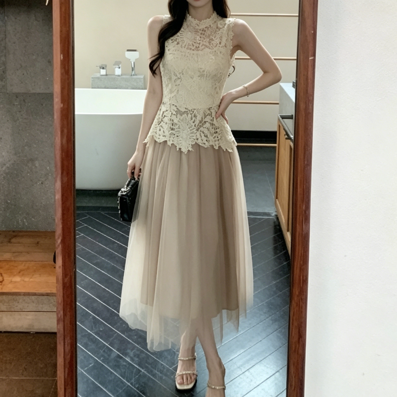 2026新款夏季法式修身蕾丝无袖连衣裙女二件套巨好看网纱半身裙子