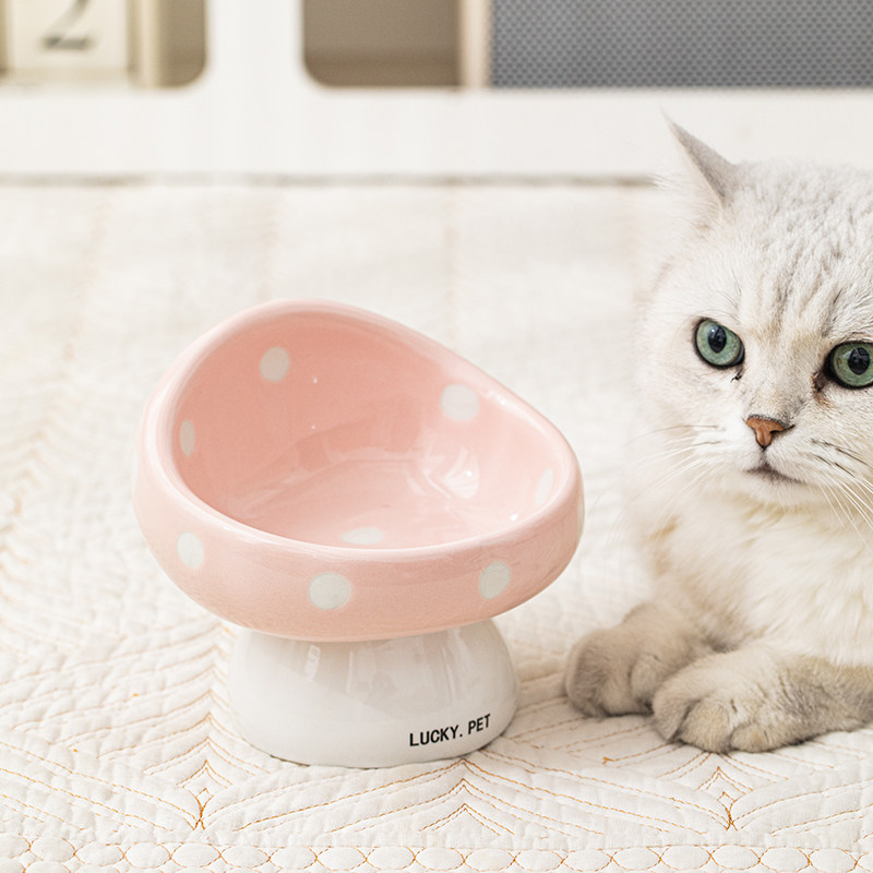蘑菇猫碗陶瓷护颈宠物猫咪狗狗斜口防打翻防黑下巴高脚喝水猫食盆