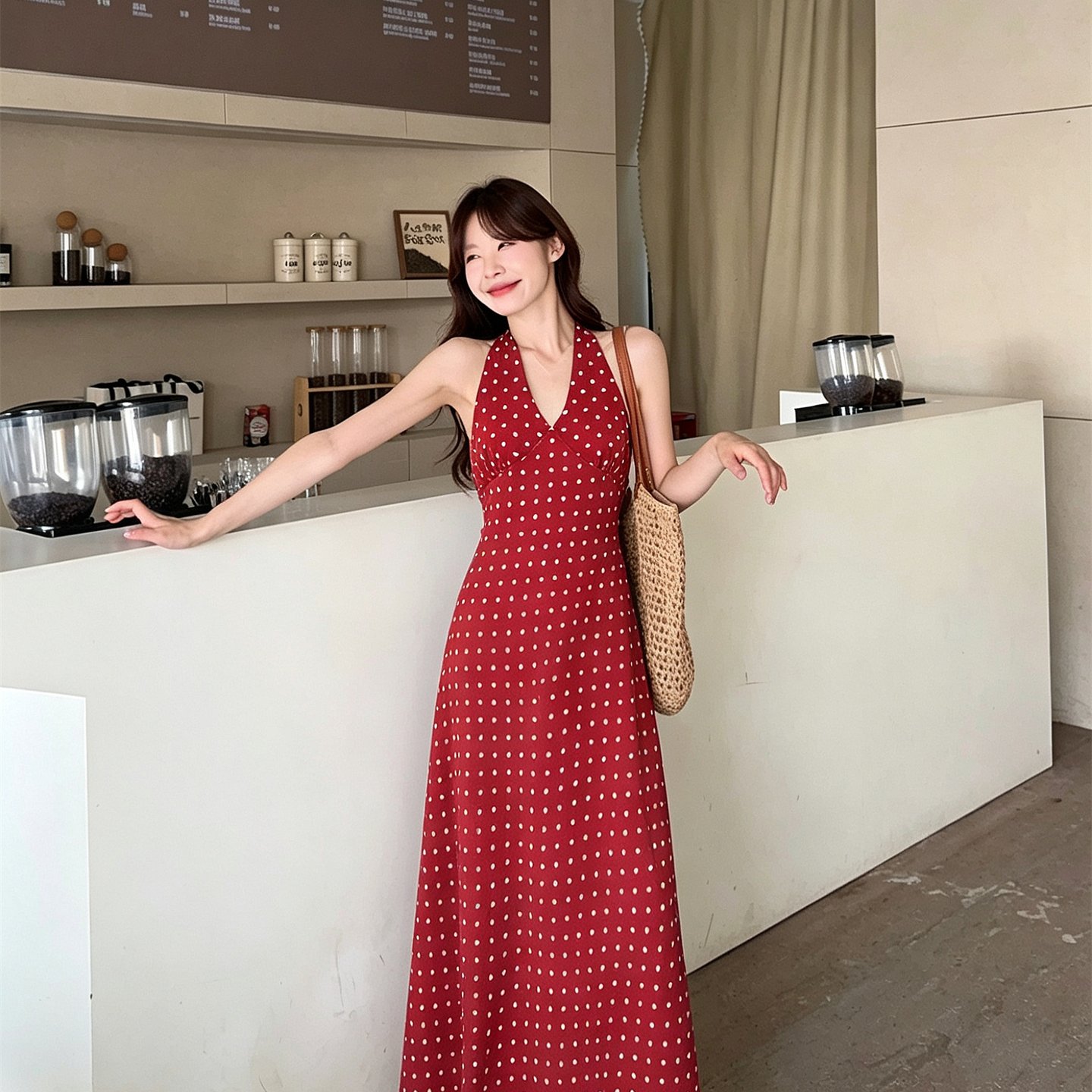 实拍实价~纯欲甜辣挂脖无袖背心波点A字连衣裙
