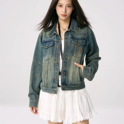 TENPSEN秋冬水洗复古牛仔夹克百搭宽松休闲工装基础翻领短款外套