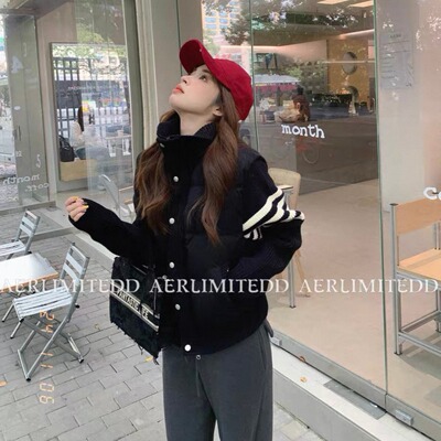 韩系学院风设计感拼接针织棉服男女秋冬独特别致立领轻薄棉衣外套