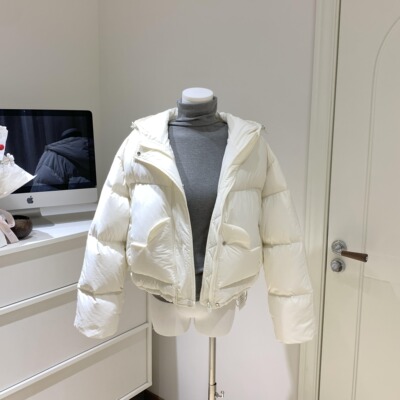 CUTEioi 爱心口袋90白鸭绒白色短款羽绒服连帽面包服小个子外套冬