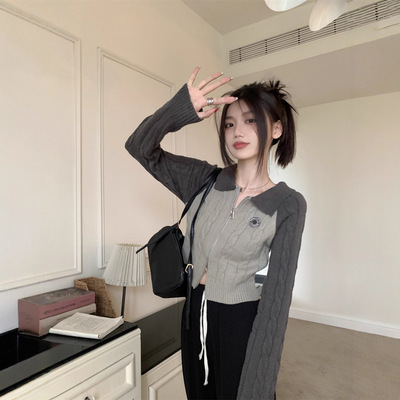 Nanaimo酱开衫短款复古撞色针织衫女短款内搭打底衫双拉链毛衣女