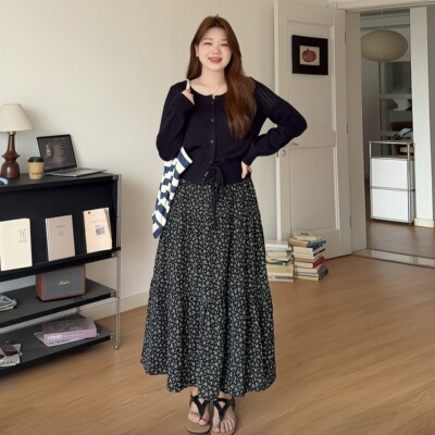 微胖针织开衫韩系碎花半裙两件套