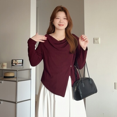 微胖大码mm荡领设计感长袖上衣