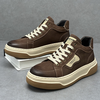 高端男士2025冬季新款百搭潮鞋加绒保暖高帮板鞋真皮厚底休闲鞋