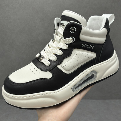 高端男士2025冬季新款高帮鞋潮流百搭厚底板鞋真皮轻便增高休闲鞋