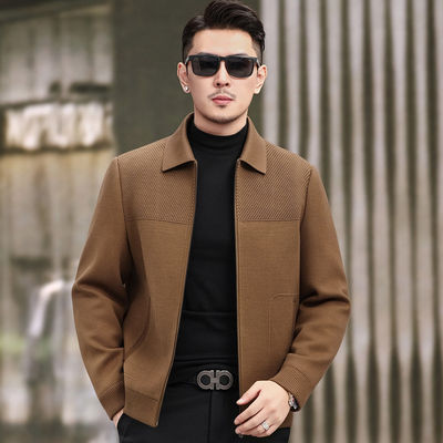 皮尔卡丹春秋天丝男士夹克翻领短款中年爸爸装百搭针织外套高级感