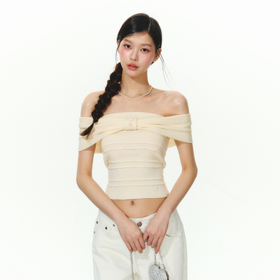 MMMOUND 美式复古设计感一字肩短款短袖t恤女夏季新款上衣