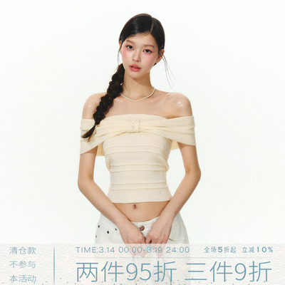 MMMOUND 美式复古设计感一字肩短款短袖t恤女夏季新款上衣