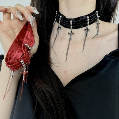 辣妹个性十字架流苏水晶串珠布艺项链欧美时尚锁骨链优雅性感颈链