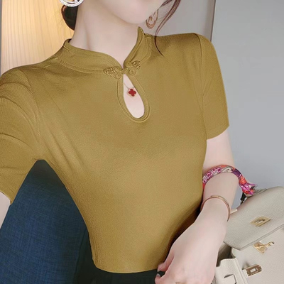 新中式国风立领短袖T恤女2025夏季新款宽松复古旗袍盘扣正肩上衣