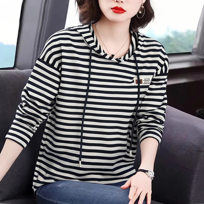 大码女连帽长袖条纹显瘦T恤女