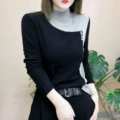 秋冬德绒半高领保暖拼色长袖T恤