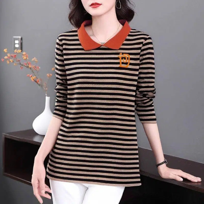 春秋妈妈装条纹翻领长袖T恤女