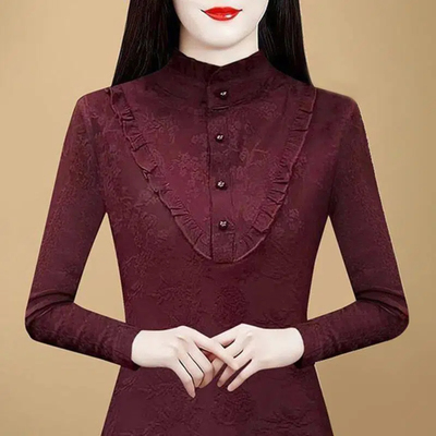 秋冬德绒提花显瘦复古长袖T恤女