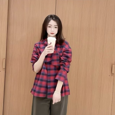 新款飘带领结格纹衬衫
