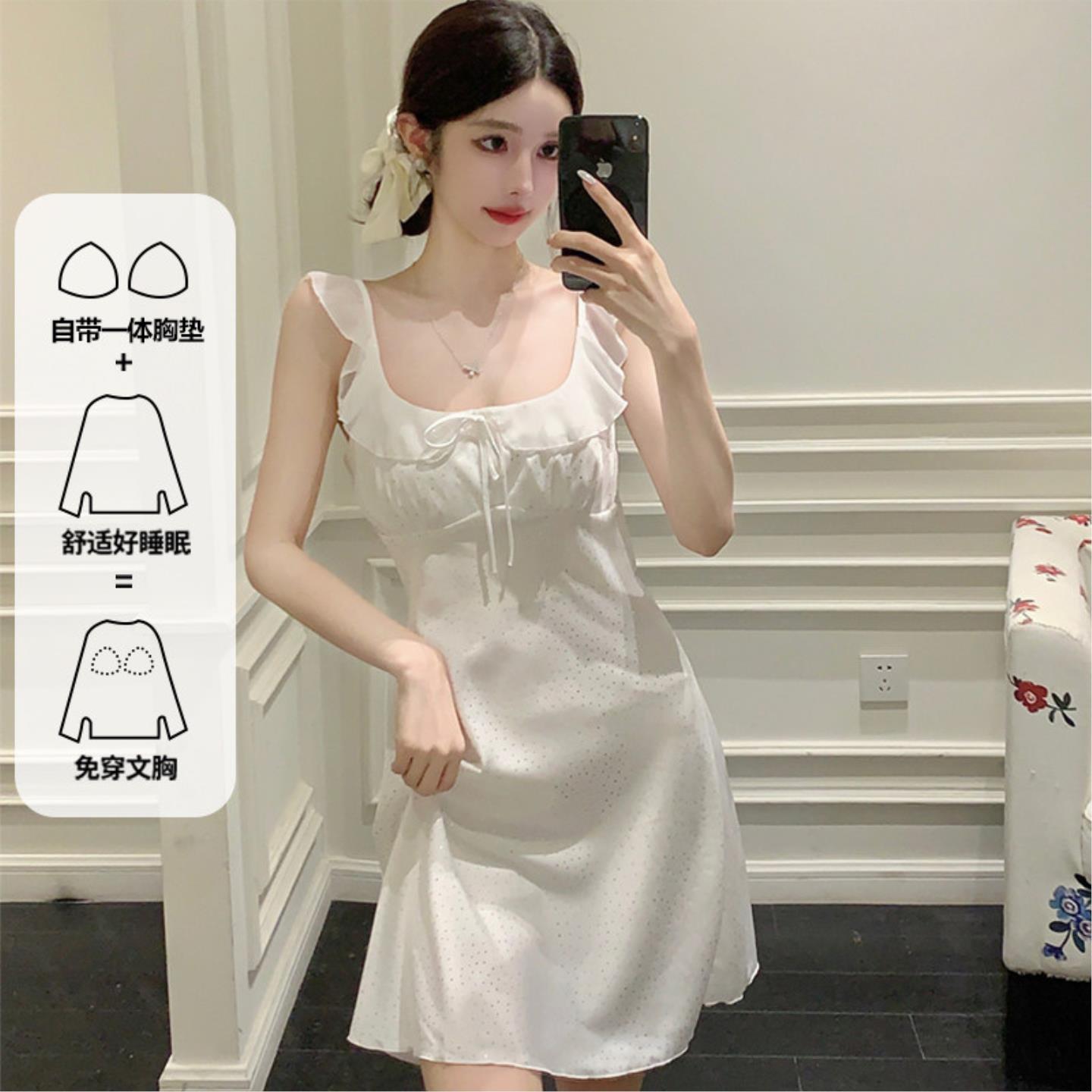 少女冰丝居家服薄款带胸垫睡裙子女款冰丝睡衣丝料睡裙款可外穿潮
