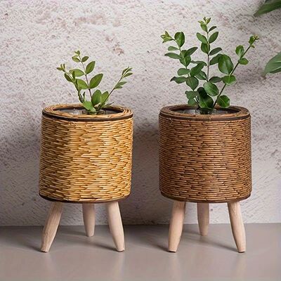 Charming Rustic Rattan Planter With Wooden Legs - Versatile